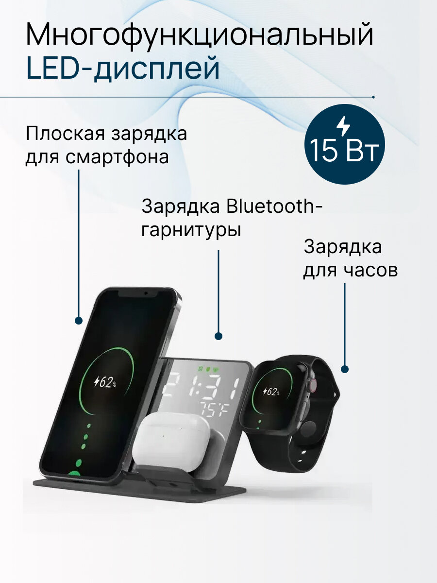 Беспроводная зарядная станция быстрой зарядки 4 в 1 для iPhone Android Apple Watch и Bluetooth наушников с LED дисплеем