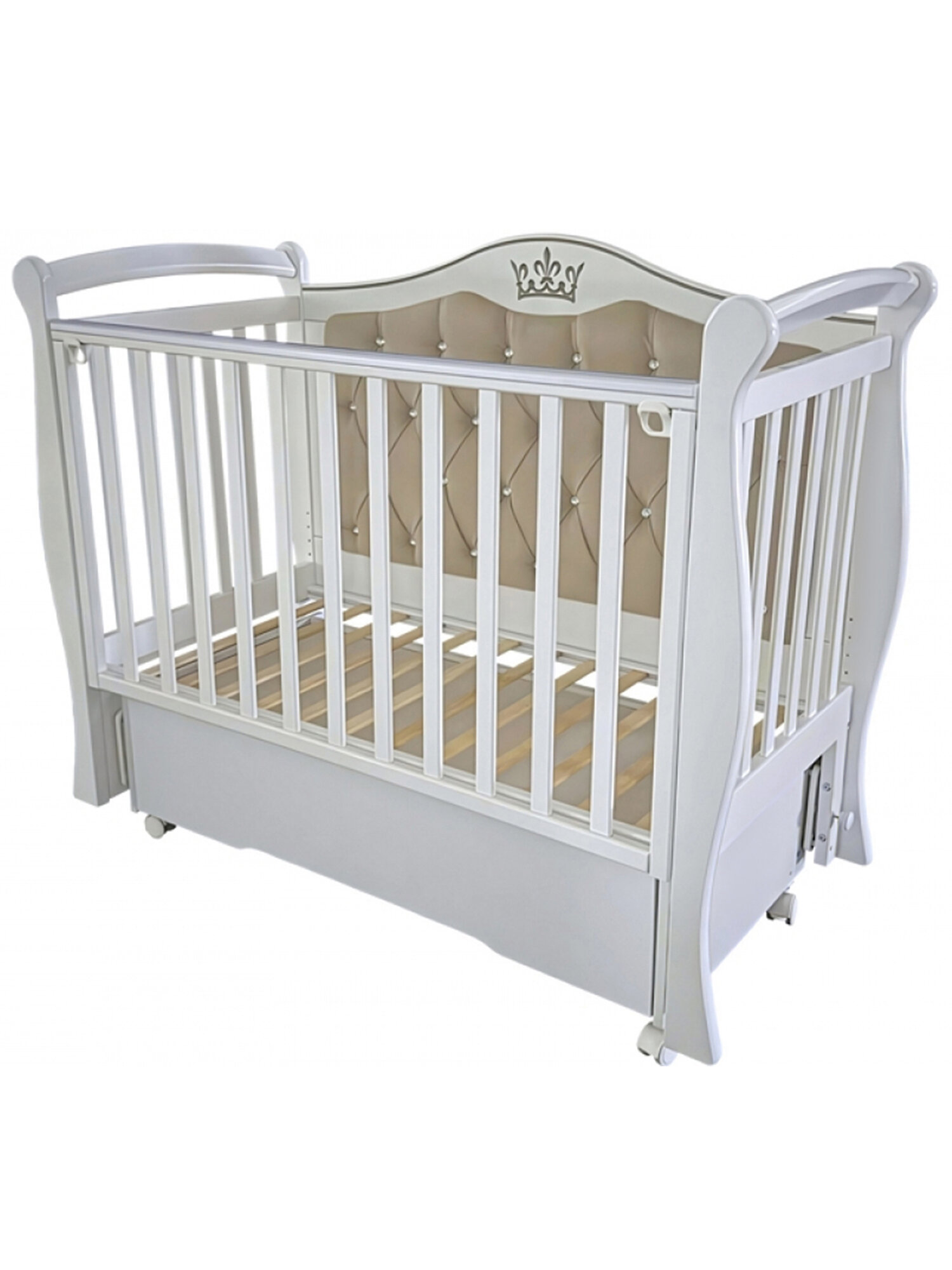Кроватка детская для новорожденных Антел Julia-111, мягкая спинка, маятник, ящик, колеса, массив березы, белый