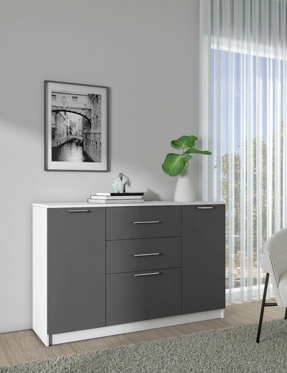 Комод Иннэс-7 (1400х910х430) Белый/Графит, модульный, ЛДСП, с ящиками