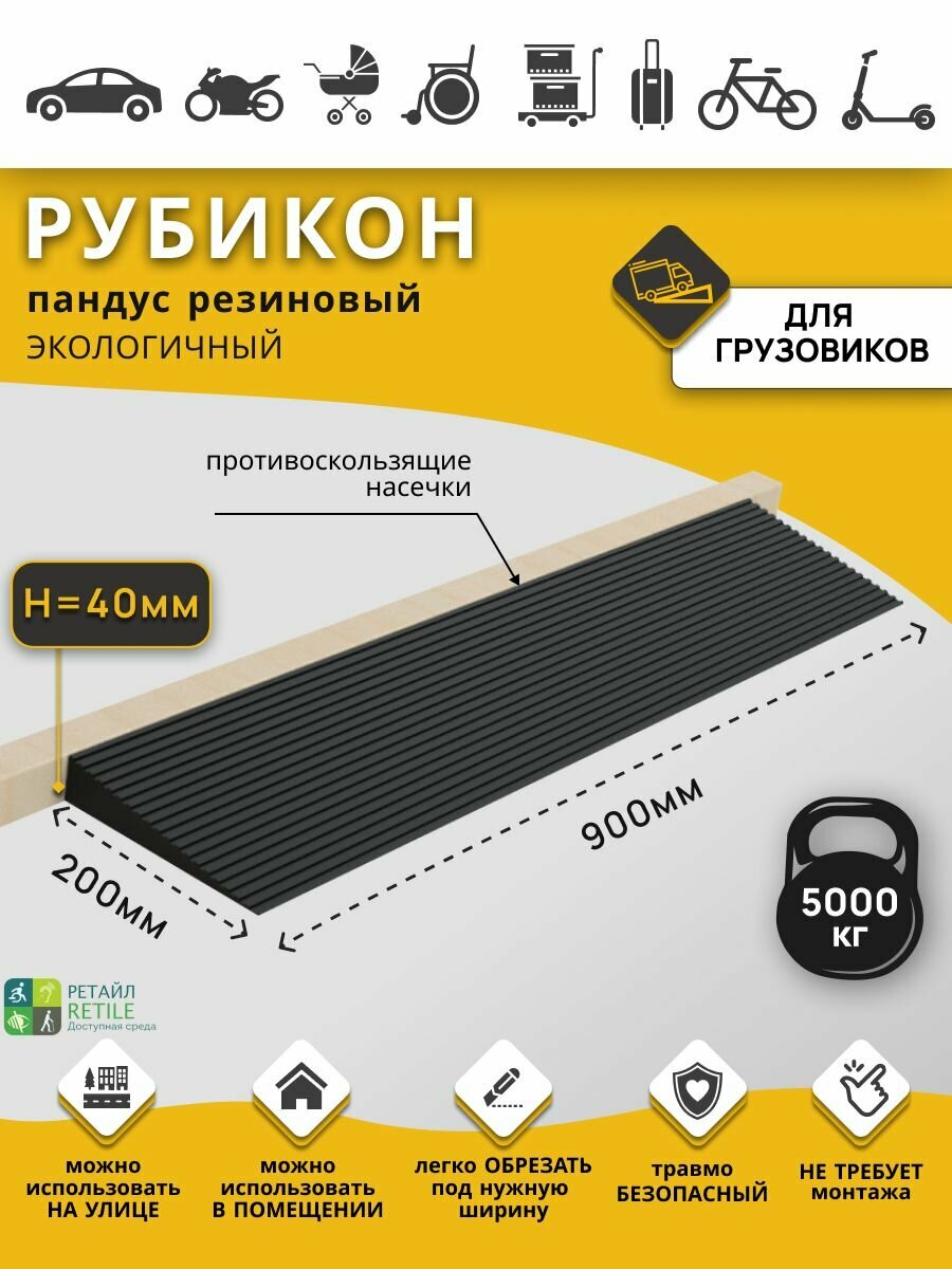 Пандус резиновый пороговый Рубикон, высота 40 мм (40х900х200 мм)