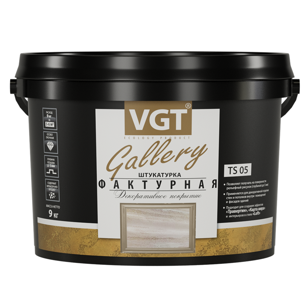 Декоративная Штукатурка Фактурная VGT Gallery TS 05 9кг для Внутренних и Наружных Работ, Белая / ВГТ Штукатурка Фактурная.