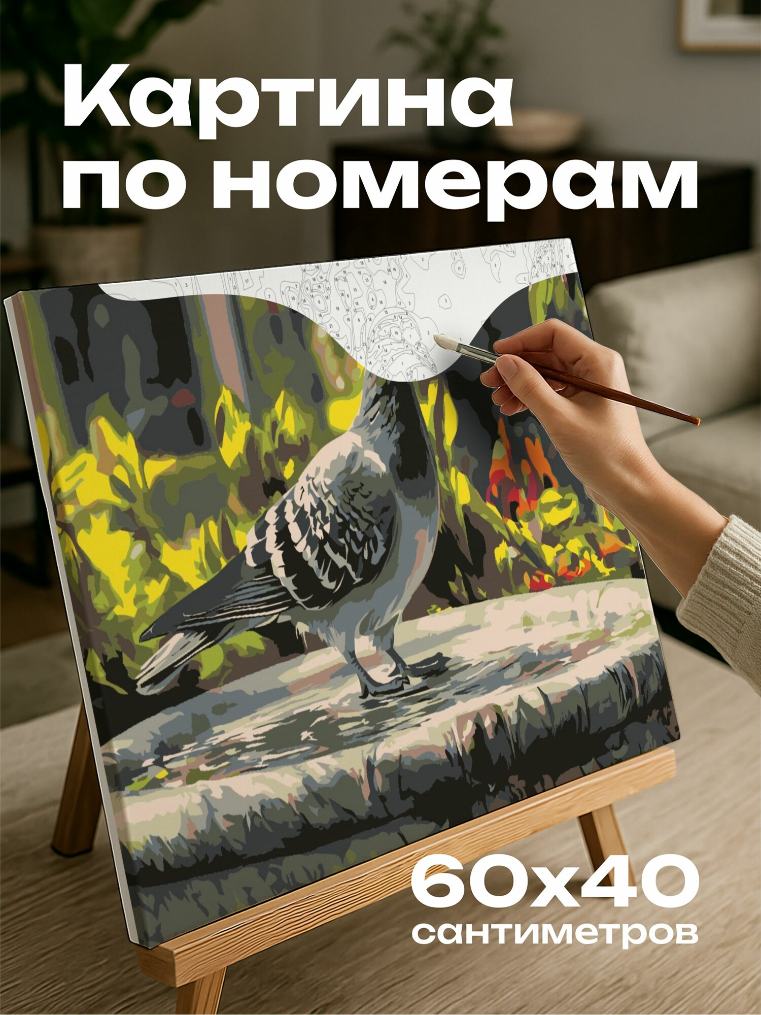 Картина по номерам 60x40 см, голубь, фонтан, городской парк, зелень, цветы, цифровая картина, контраст