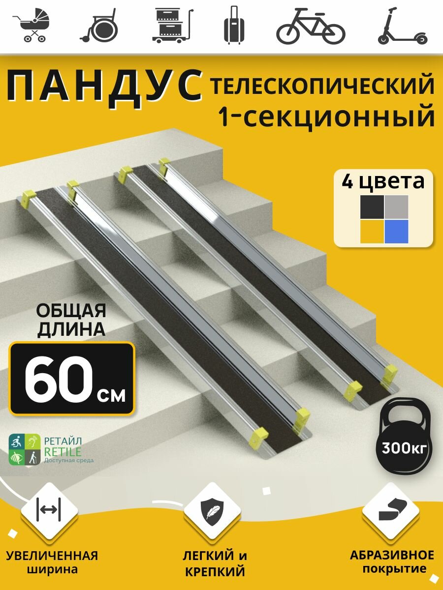 Пандус 60 см 1-секционный Антислип, чёрный (рабочая длина 50 см + 2 опор. площадки по 5 см)