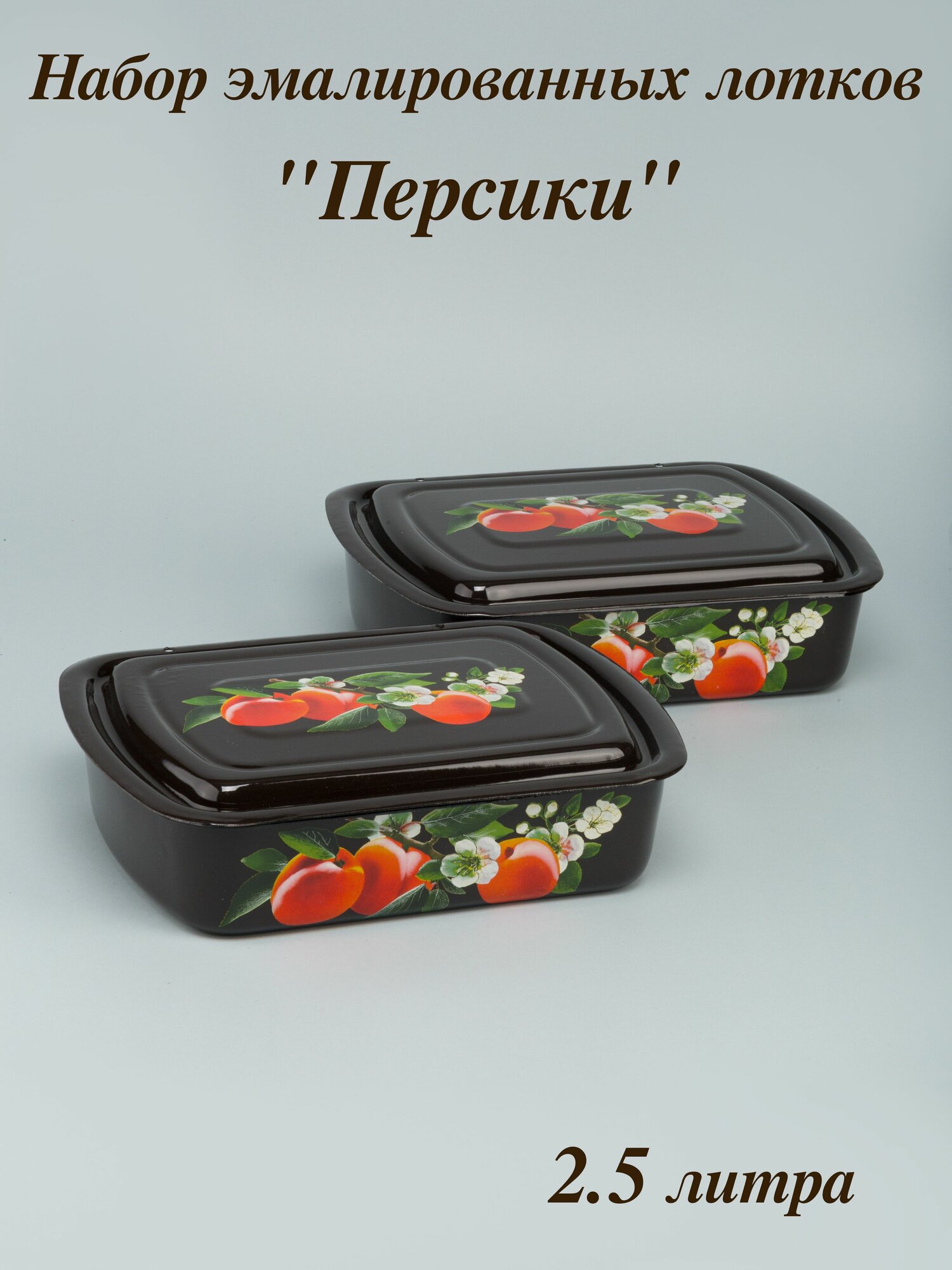 Лоток судок эмалированный 2,5 л с рисунком Персики, для холодца, емкость для заливного - 2 шт