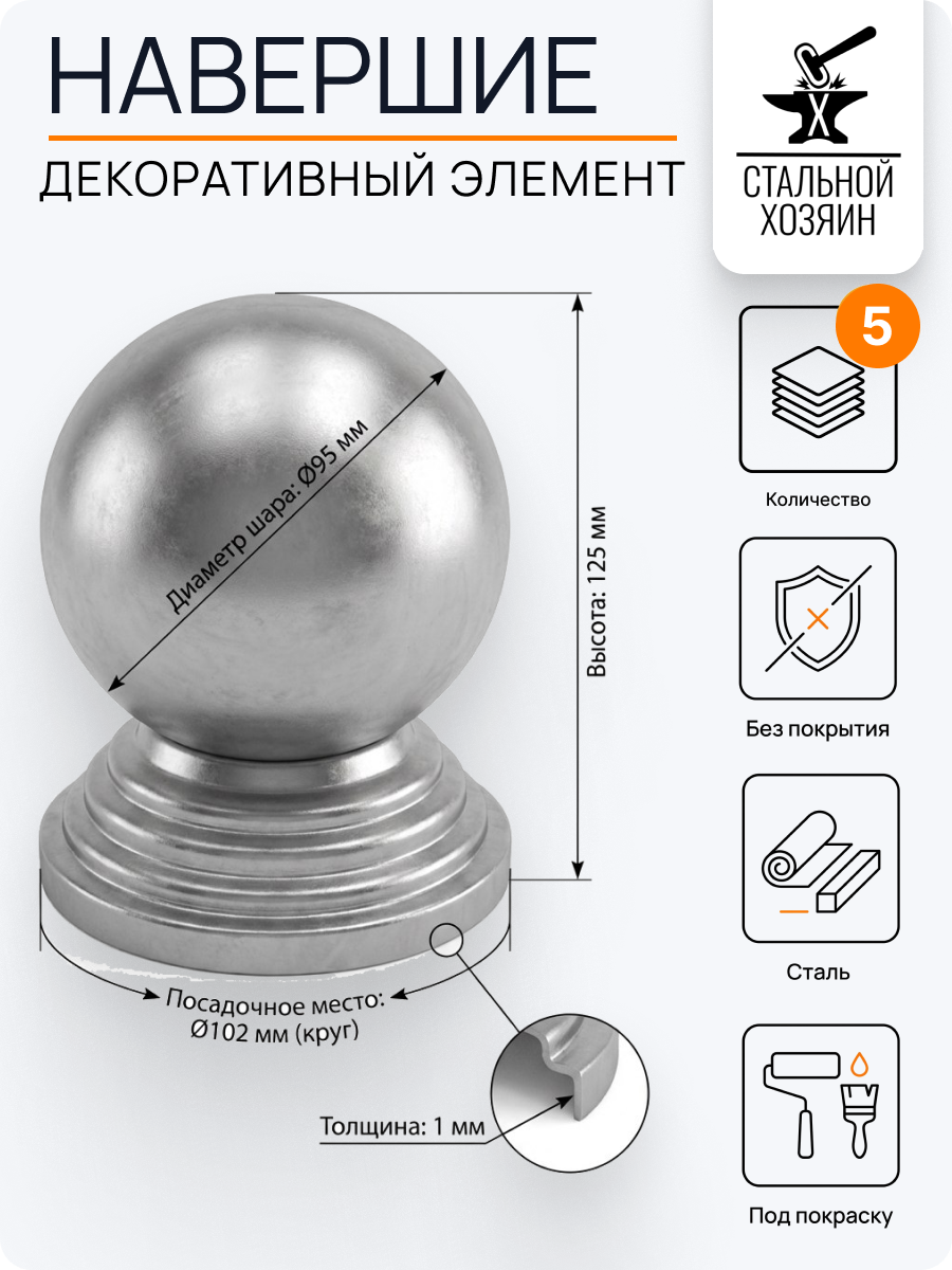 5 шт. Кованый элемент Заглушка шар на круглую трубу Посадочное место 102 мм