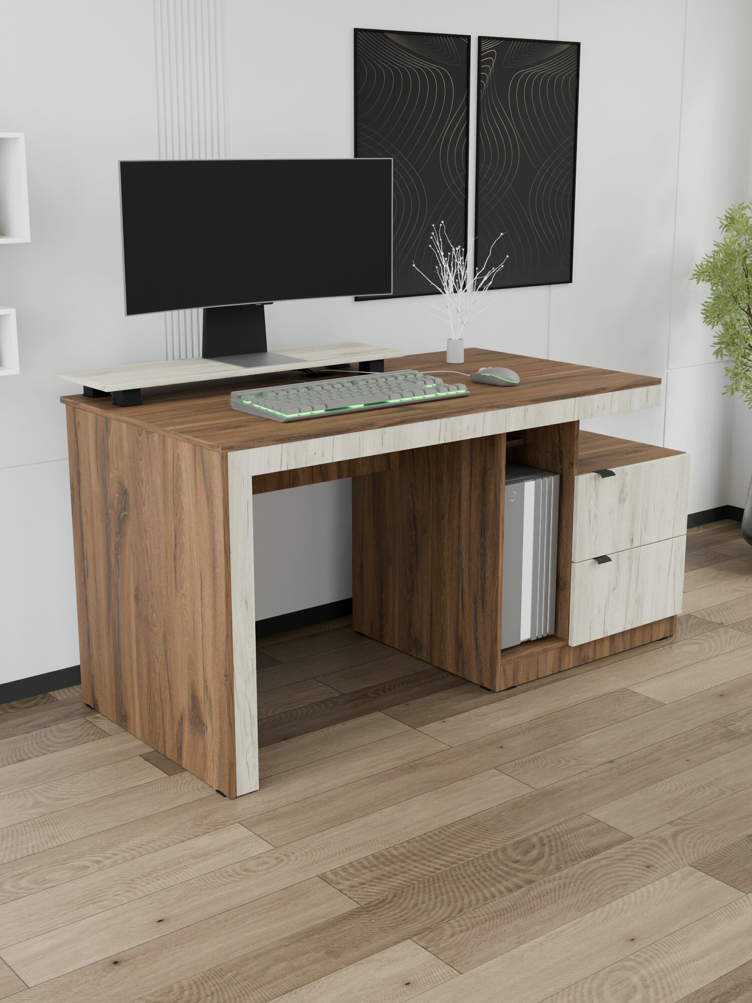 Изумлит Стол компьютерный для офиса и дома Вертикаль Лайт 162х80х74.5 см, тумба справа, дуб крафт табачный - дуб крафт белый