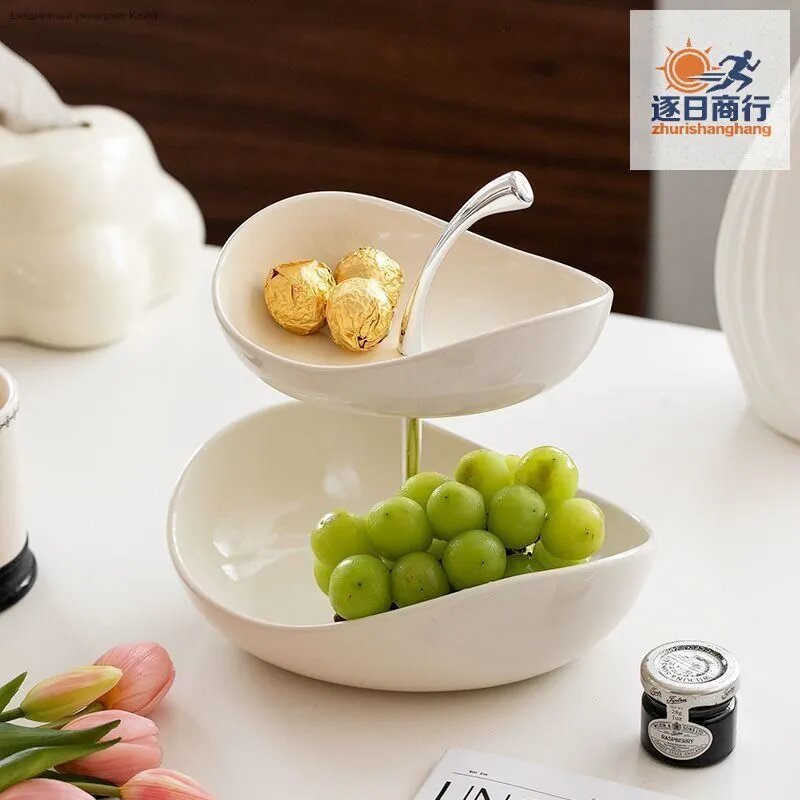 Фруктовница двухъярусная, 1 шт. Белая керамическая фруктовница для фруктов и сладостей, 225*185*245 мм