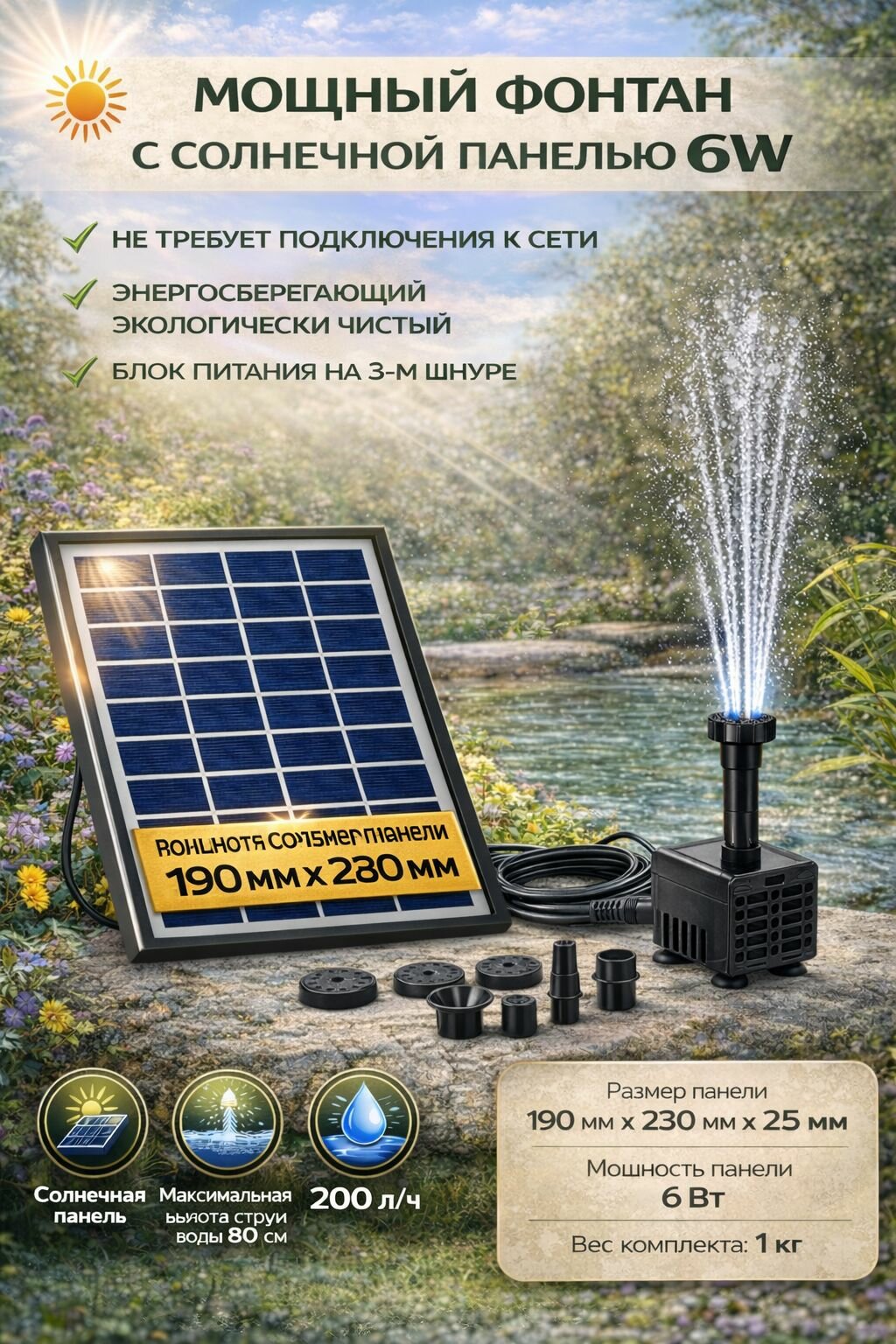 Мощный фонтан с солнечной панелью 6W