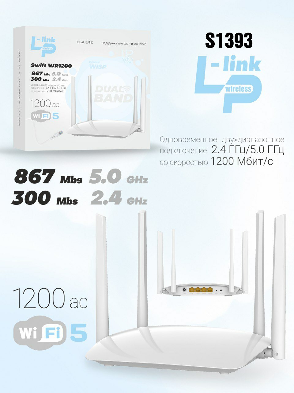 Роутер WiFi6 для дома LP WR1200 1200Mbps, 2-диапозона, белый, гигабитный, сетевой маршрутизатор