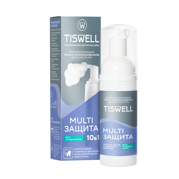 Пенка-ополаскиватель Tiswell для полости рта для зубов очищающая Сладкая мята 10в1, 50 мл