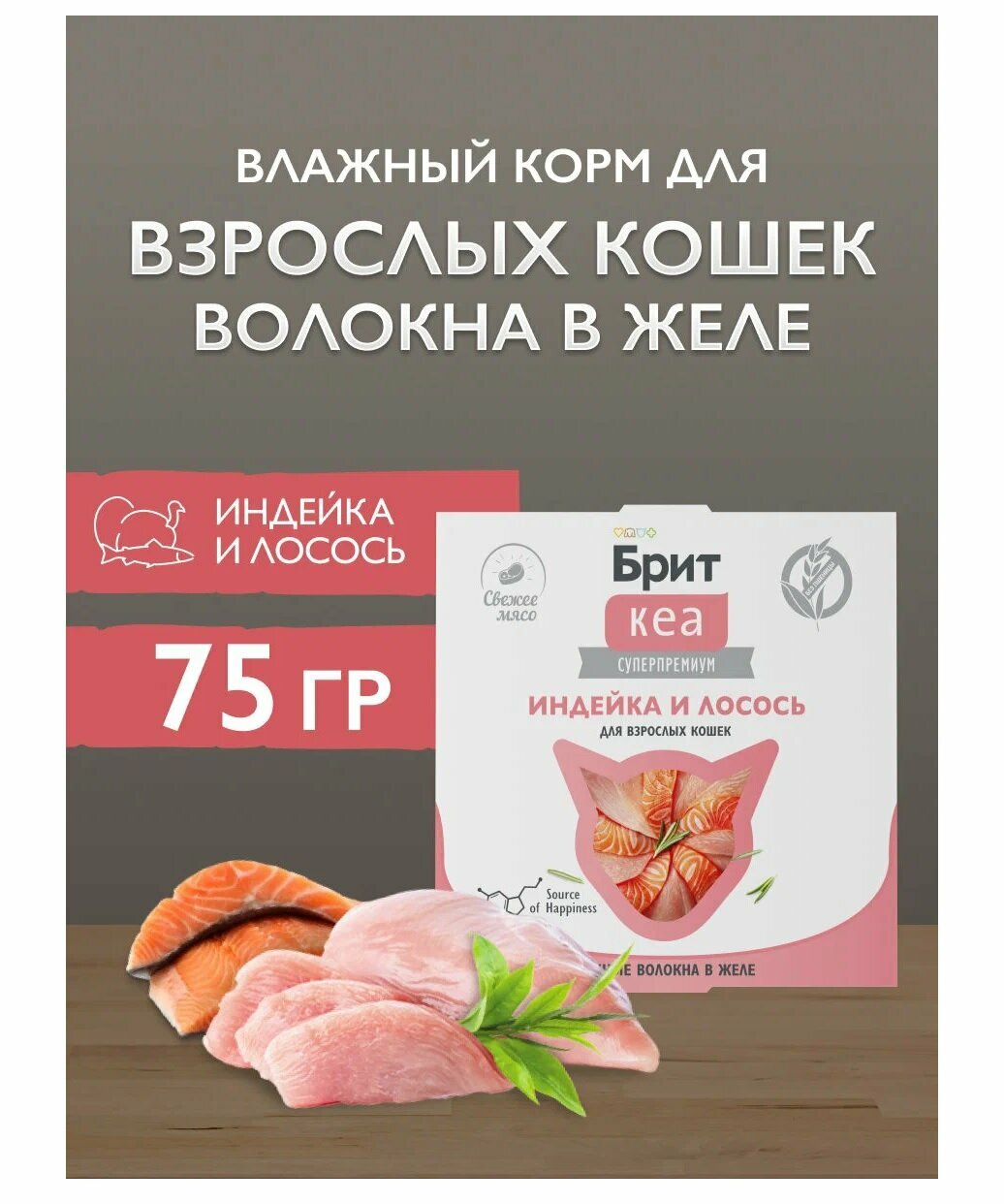 Влажный корм Brit Care для любых кошек, индейка и лосось, в желе 12шт х 75г