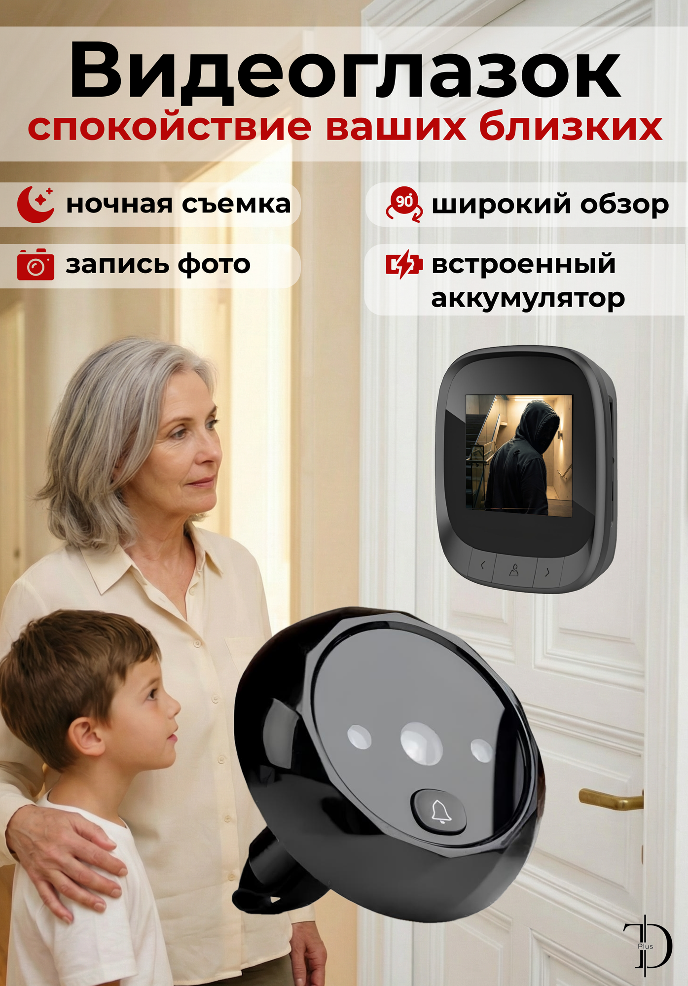 Видеоглазок для входной двери с фото записью и звонком, с ИК- подсветкой, черный