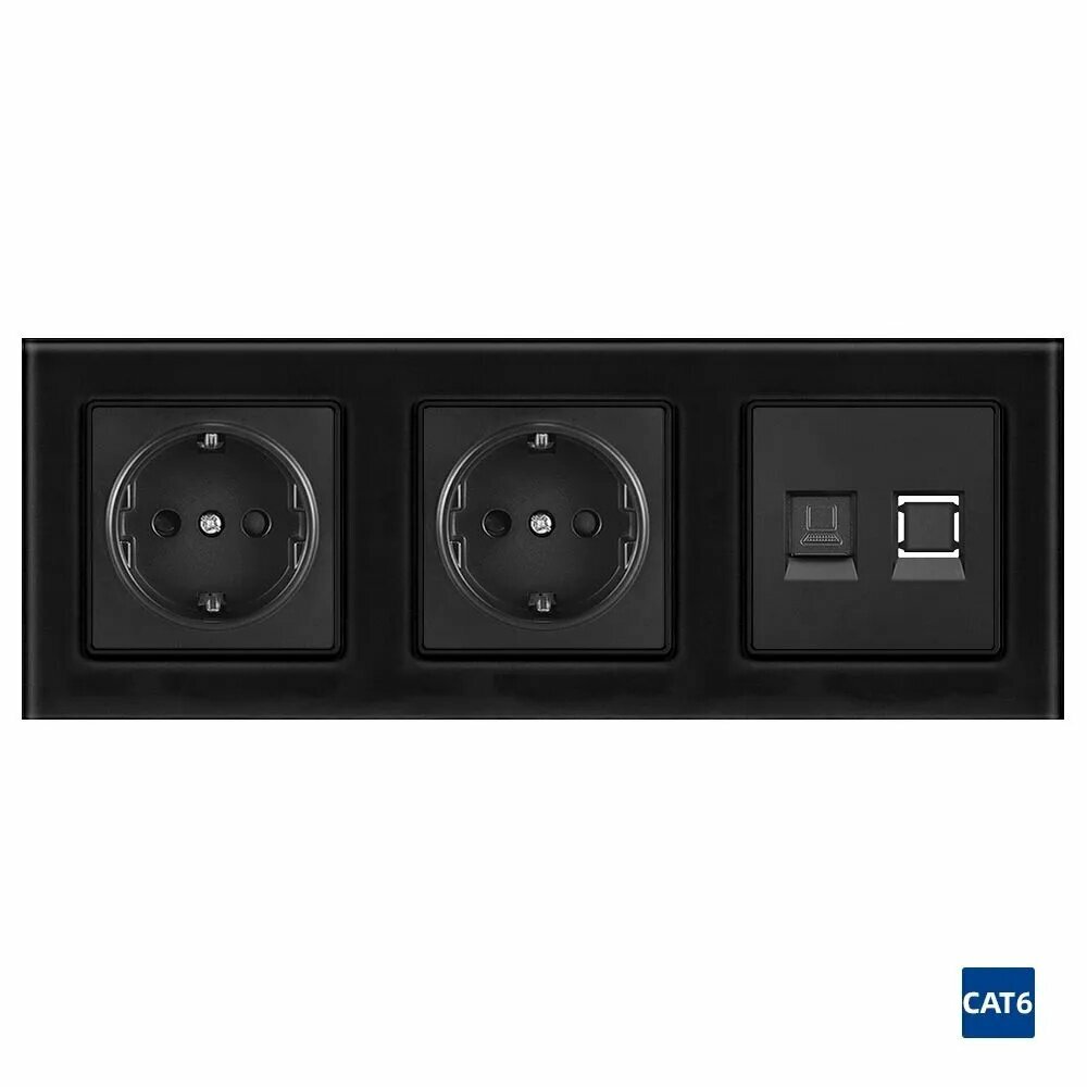 Розетка с заземлением 220В +розетка компьютерная rj45, 3 поста рамка закаленное стекло черный