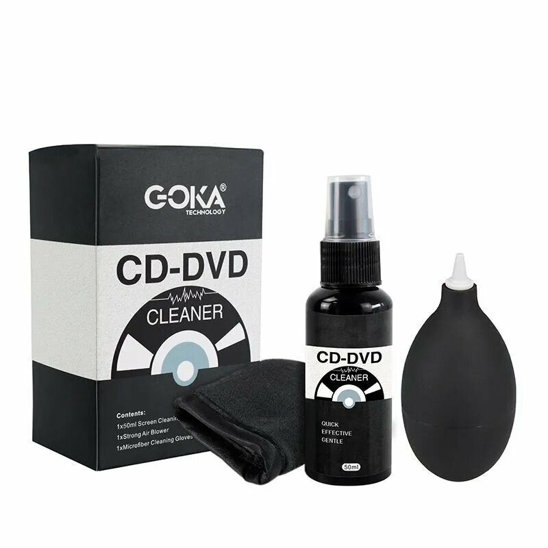 Набор для чистки CD/DVD дисков 3 в 1: жидкость для линз + сжатый воздух + салфетка из микрофибры, для оптики и компьютера