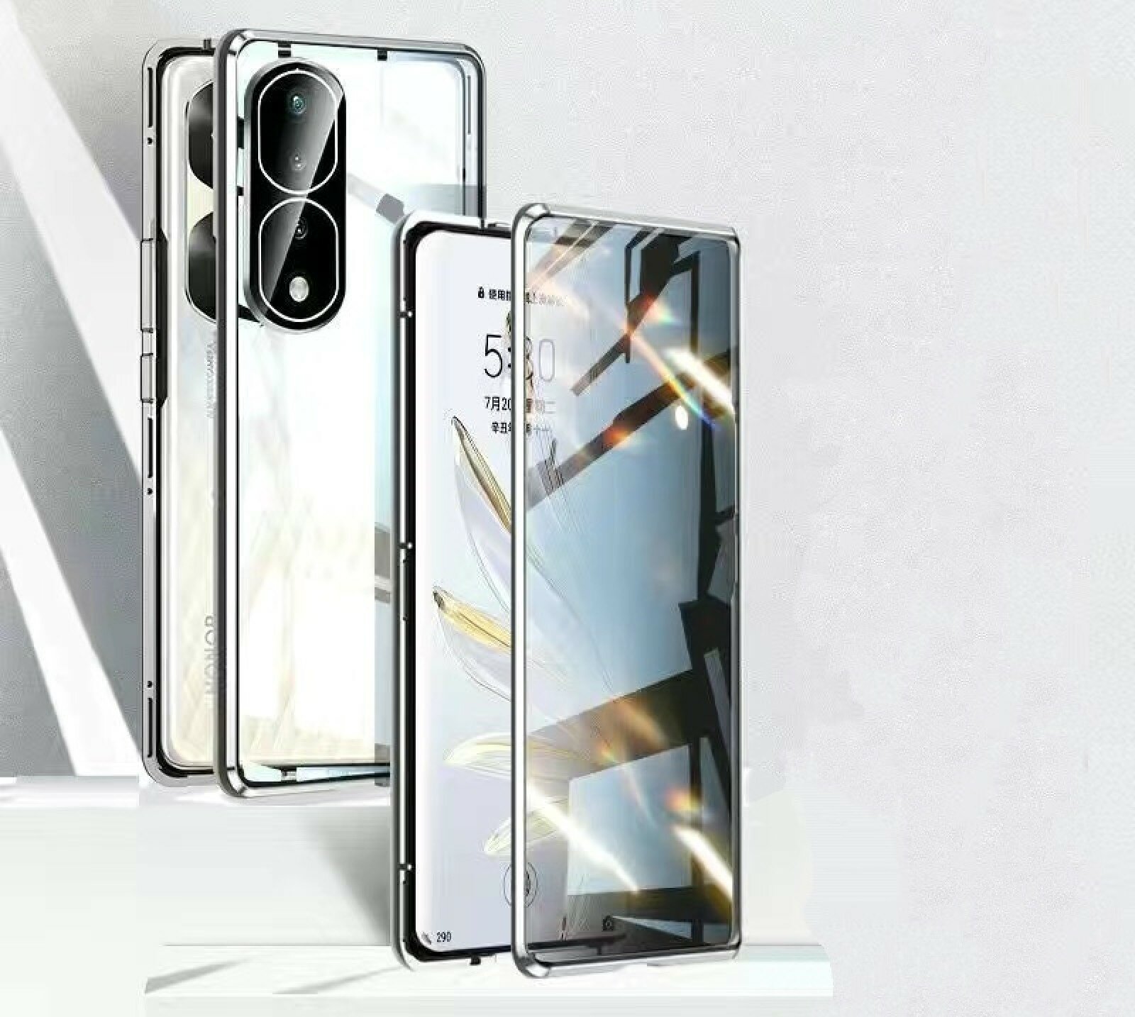 Магнитный чехол бампер MyPads для Honor 90 из металла и закаленного стекла, серебристый