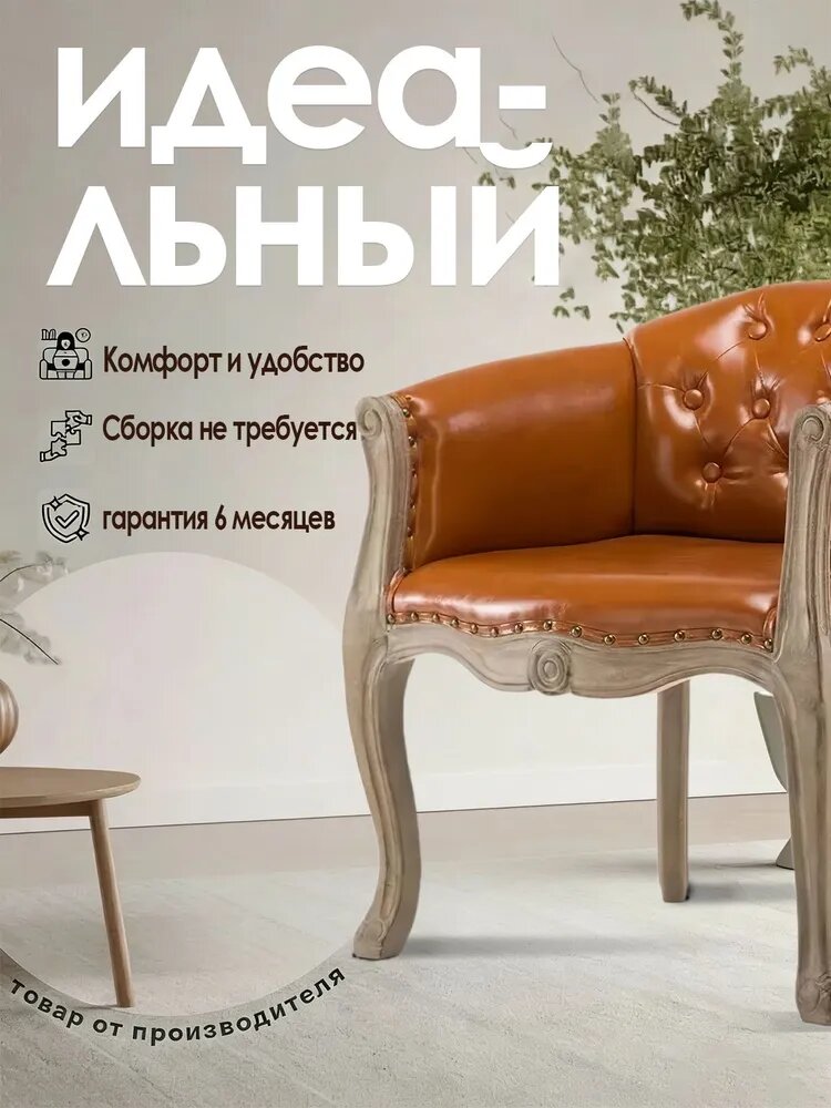 Zldrill Кресло из массива дерева 1 шт. Кожаное кресло для гостиной с подлокотниками, цвет бежевый — фото 1