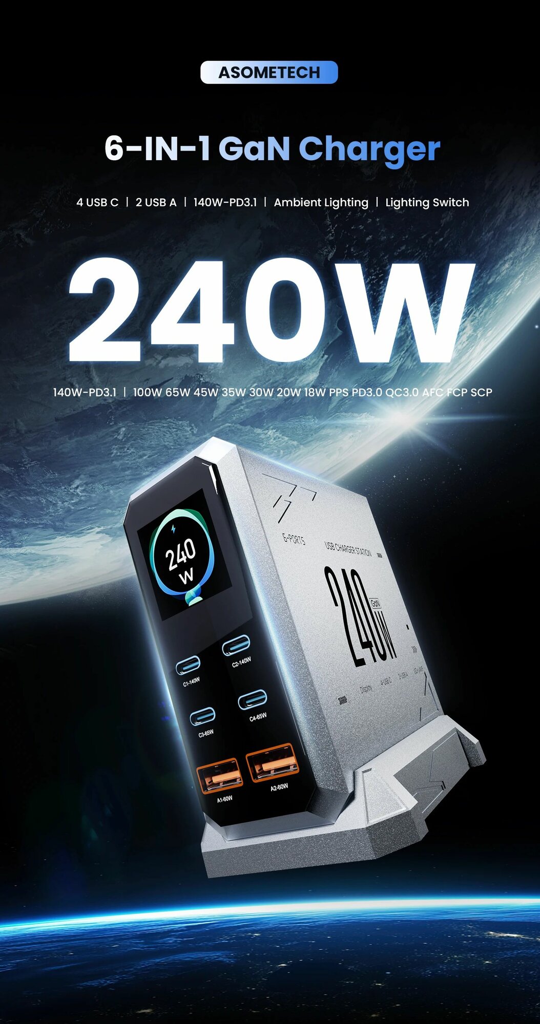 Быстрое Зарядное Устройство GaN Мощностью 240 Вт, PD3.1, 140 Вт, USB Type-C, 6-портовая Настольная Зарядная Станция Для MacBook