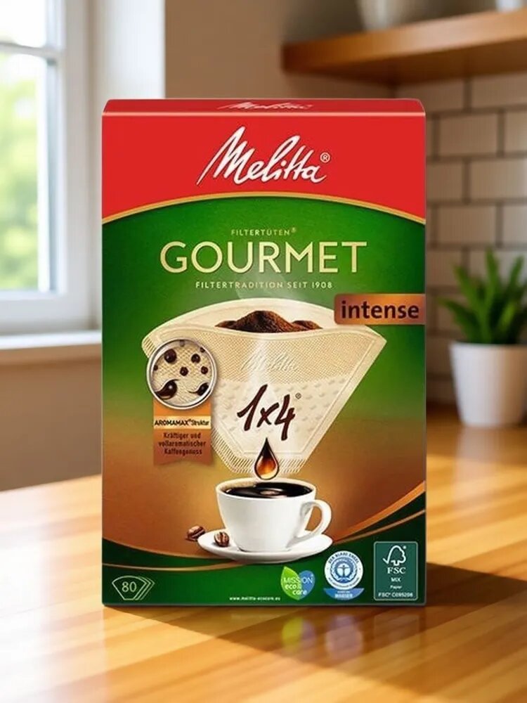 Melitta Gourmet Intense 1×4 — фильтры для кофе, 80 шт, размер 4, экологичные, натуральная неотбелённая бумага