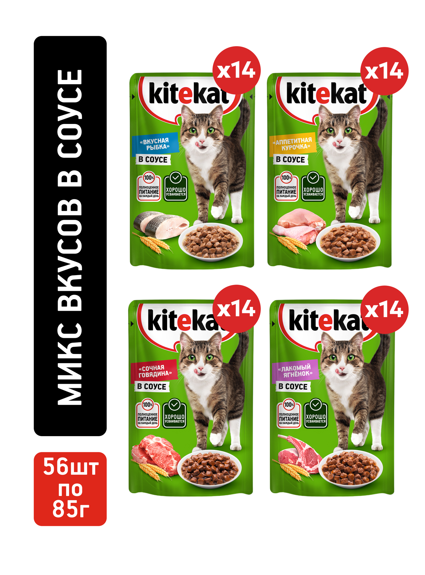 Влажный полнорационный корм KITEKAT для взрослых кошек, кусочки в соусе: говядина, курица, рыба, ягненок, 56 шт по 85 г