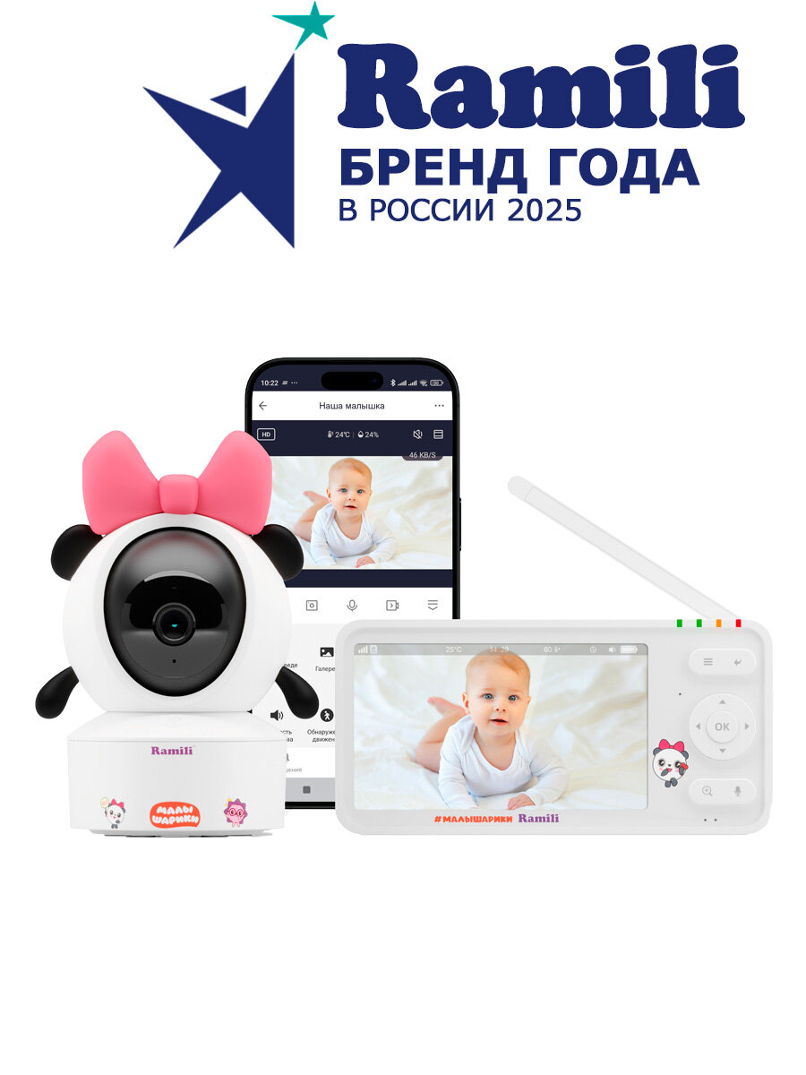 Видеоняня 2К Ramili Baby беспроводная, с подключением к монитору и телефону, с креплением RV700PANDA