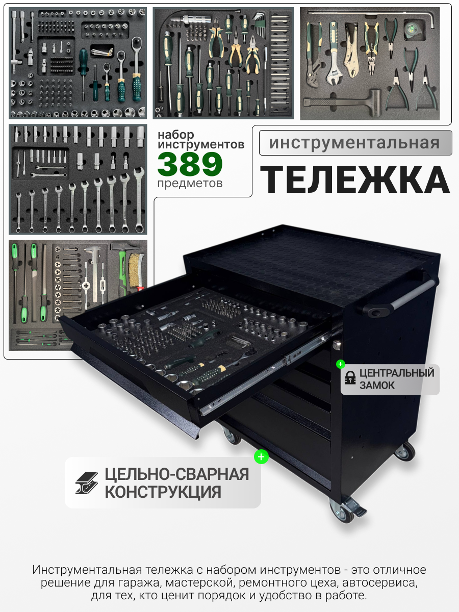 Тележка инструментальная с центральным замком и набором инструментов Rock Force 389 предметов в Мягких ложементах