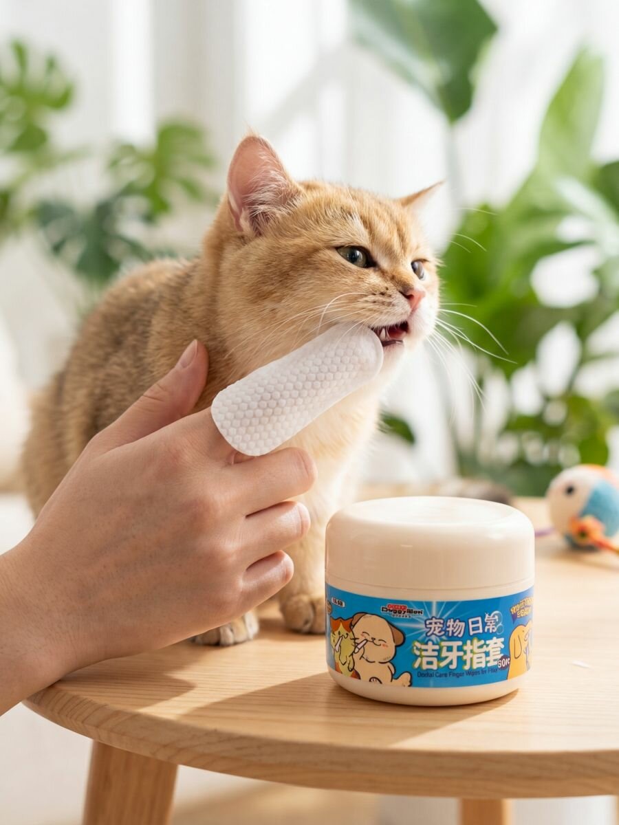 Влажная салфетка напальчник Japan Premium Pet для чистки зубов собак и кошек с экстрактом зеленого чая. 30 шт.