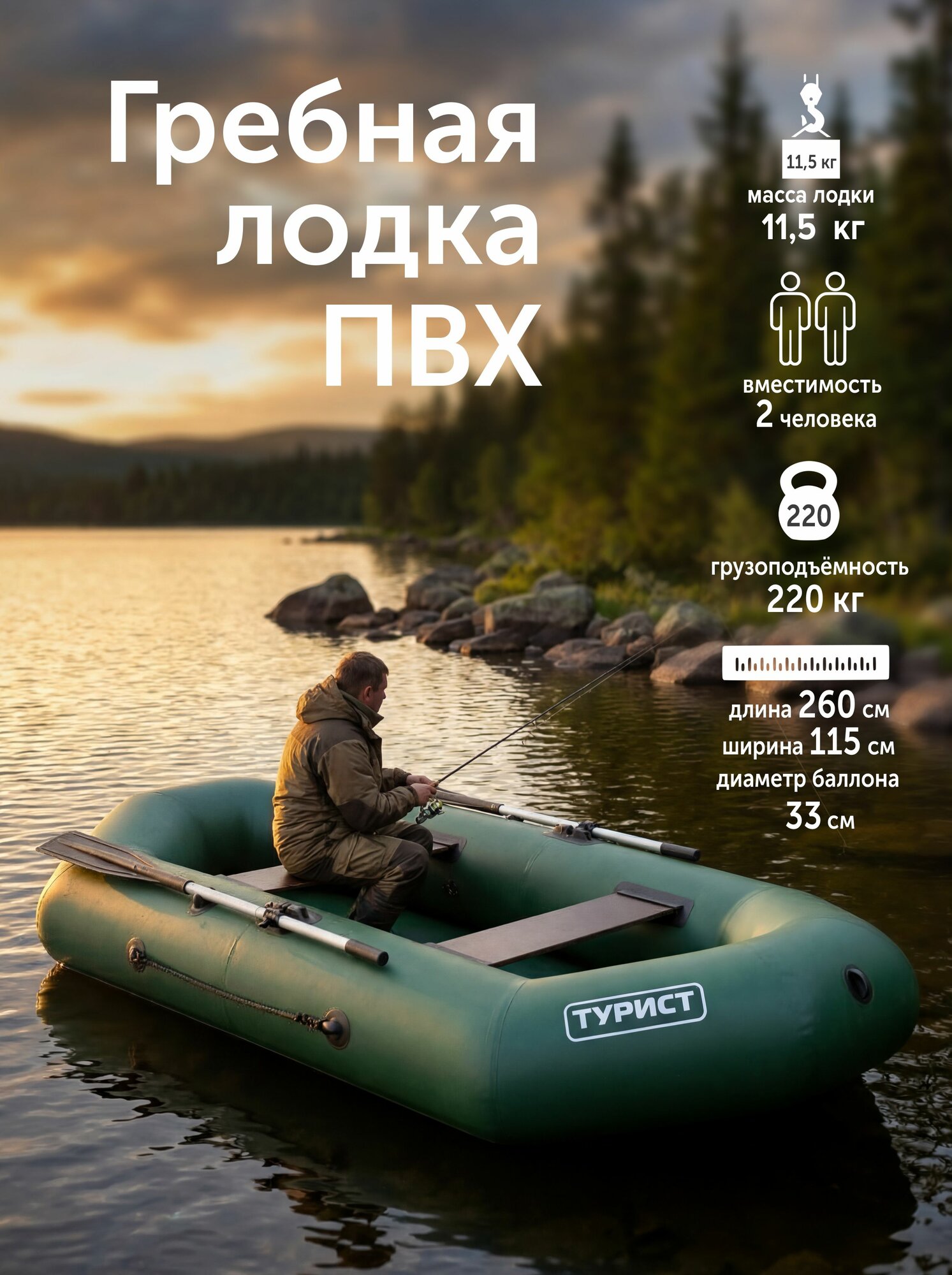 Надувная лодка Турист 260 гребная для рыбалки ПВХ