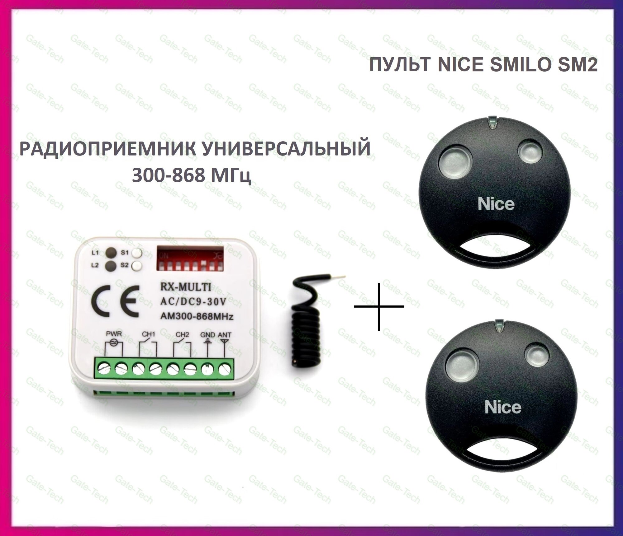 Радиоприемник внешний универсальный 2-х канальный для ворот и шлагбаумов RX-MULTI 300-868MHz AC/DC9-30v (мультичастотный) + 2 пульта Nice Smilo SM2