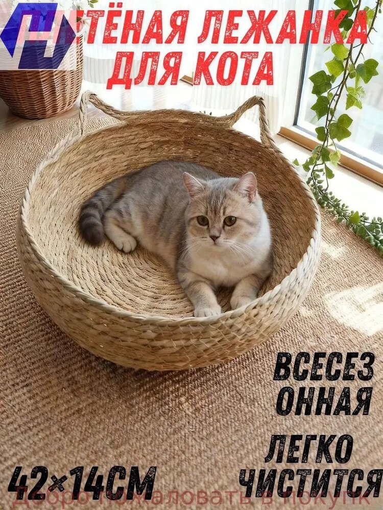 Плетёная лежанка для кота: 42x14см, всесезонная, легко чистится, Коврик для животных, Ротанг, для кошек, Кругл