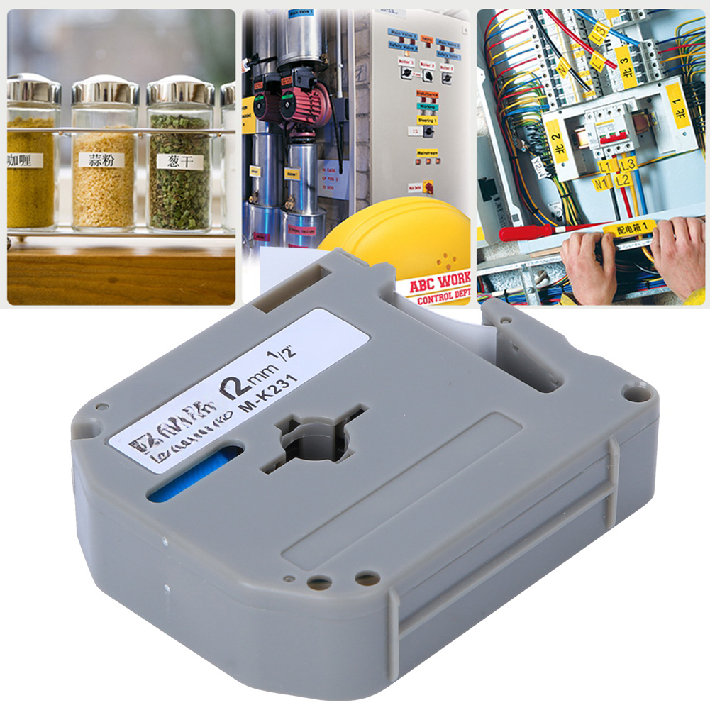 Лента для этикеток 12 мм PET черные буквы на белом фоне, совместимая с принтерами этикеток PT-65 PT-70 PT-80, соответствует оригинальному модели M-K231, размер 12x8000mm, с ламинацией, 1 штука