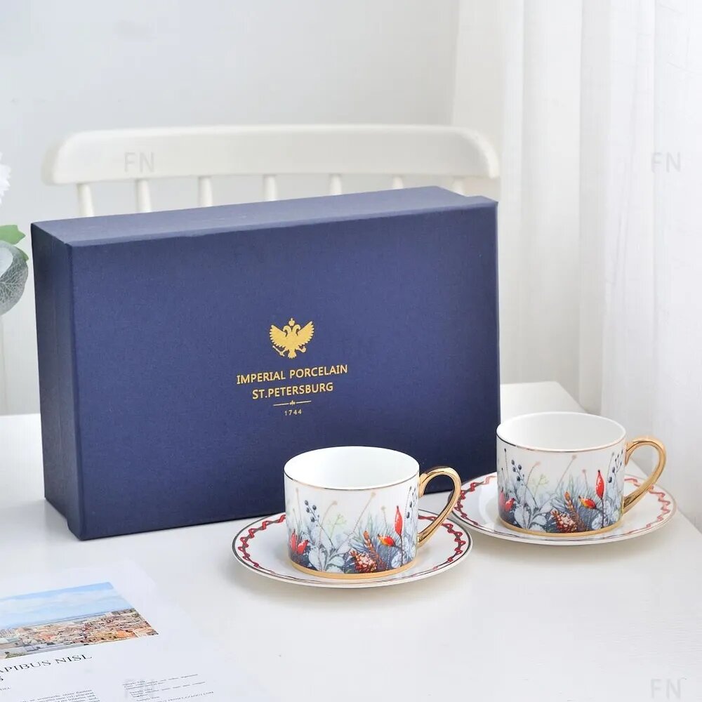 Imperial Porcelain St. Petersburg Чайная пара 200 мл 4 шт. Костяной фарфор Красный для кофе Подарочный набор