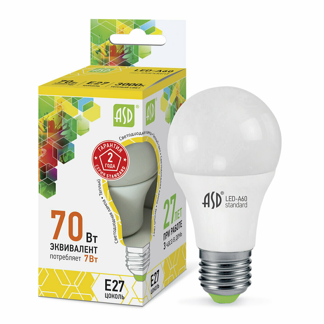 Светодиодная лампа ASD LED-A60, E27, 7 Вт, 3000K (теплый), (упаковка 10 шт.)