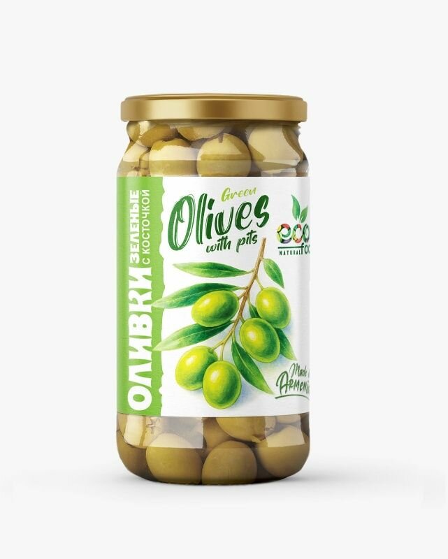 Оливки ECOFOOD зеленые с косточкой /стекло/ 350г