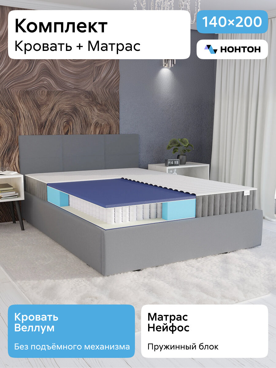 Кровать двуспальная Нонтон Веллум, 140x200 см, настил, Матрас НПБ 4 Нэйфос, велюр серый