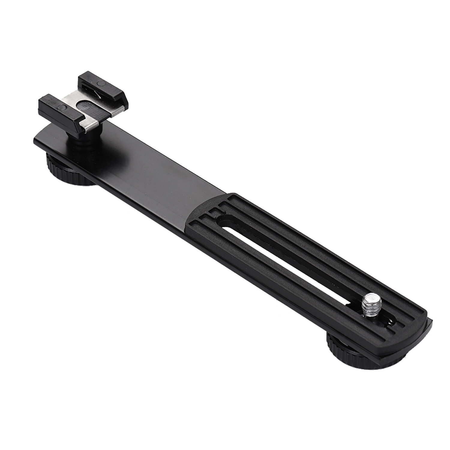 Кронштейн универсальный из алюминиевого сплава BY-C01 черного цвета с дополнительным холодным штырьком 1/4 дюйма, размером 16*3*2.5 см, весом 54 г, для микрофона, камер, видеокамер, фонарей, вес упаковки 60 г, упаковка 16*3.5*3 см, 1 шт в упаковке