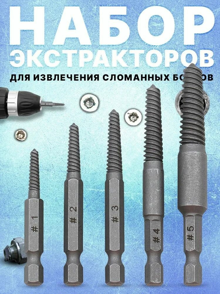 Набор экстракторов для извлечения сломанных винтов и болтов — 5 экстракторов разного диаметра для шурупов и шпилек