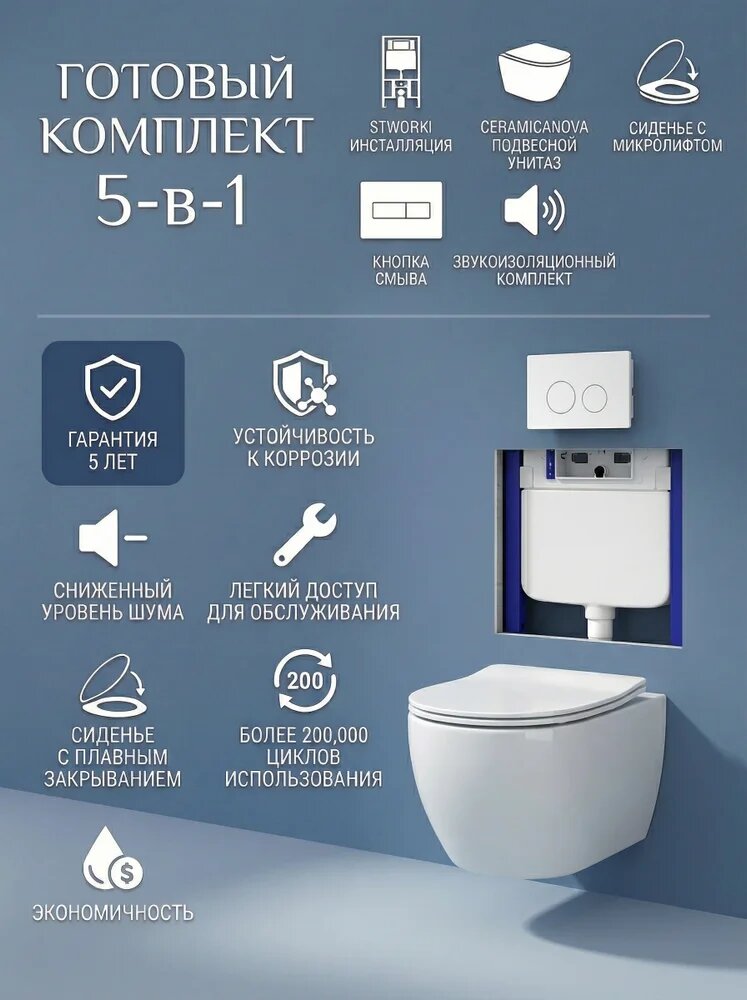 Комплект 5 в 1: Инсталляция STWORKI Хельсинки S33500WH / Унитаз подвесной Ceramicanova Игра (Play) CN3001 / Сиденье с микролифтом, Комплект шумоизоляции, Кнопка глянцевая белая