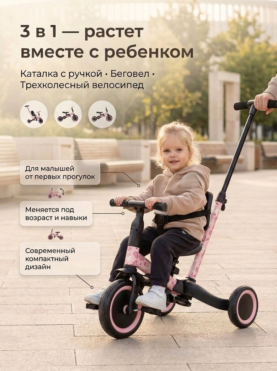 R-Wings Детский беговел-велосипед 4в1 с родительской ручкой, розовый с рисунком - TR007-PINK-PAINT