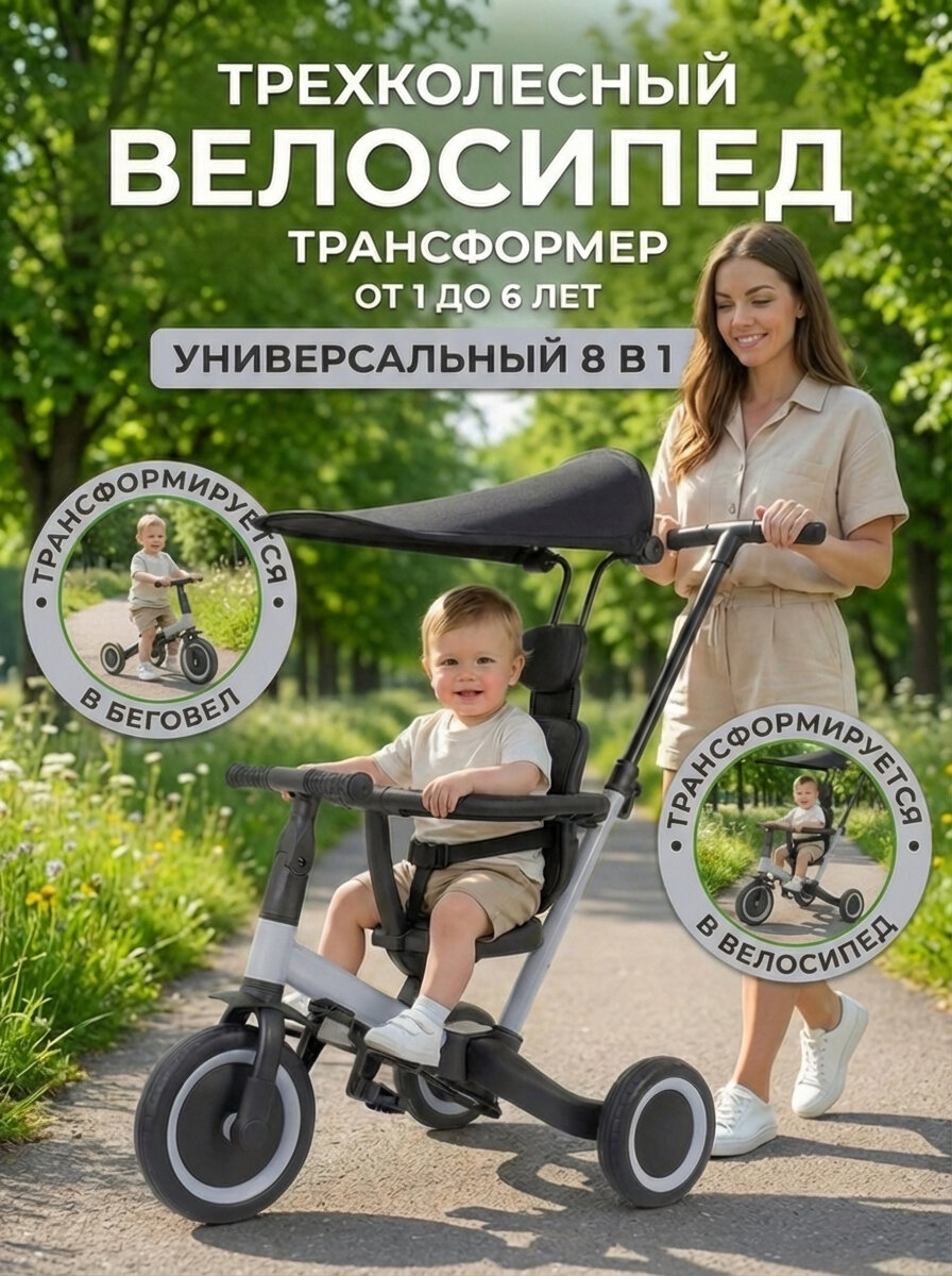 R-Wings Детский беговел-велосипед 8в1 с крышей и ручкой, серый - TR008C-GREY