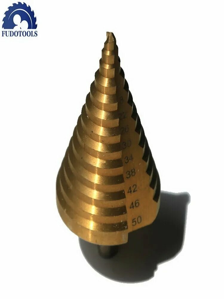Ступенчатое сверло по металлу по дереву 6-50 с трехгранным хвостовком, HSS, FUDO.