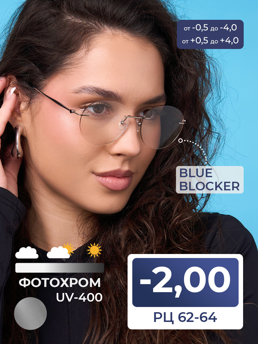 Круглые безободковые очки фотохромные с диоптриями (-2.00) FABIA MONTI 561 C2, без футляра, цвет серый, РЦ 62-64
