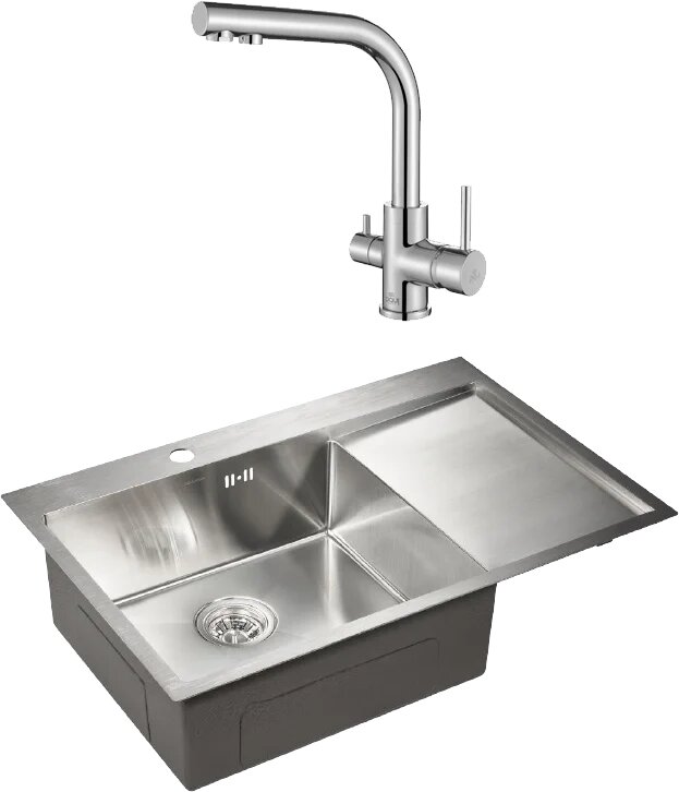 Комплект Мойка Paulmark Kroner PM217851-BSL 78x51, брашированная нержавеющая сталь, нержавеющая сталь / Смеситель Essen 213011-СR глянцевый хром, глянцевый хром