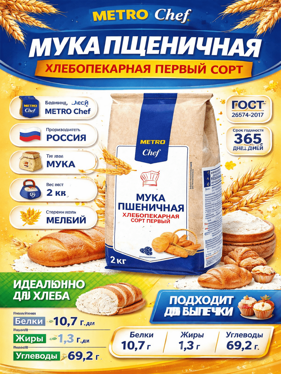 METRO Chef Мука пшеничная хлебопекарная первый сорт, 2кг