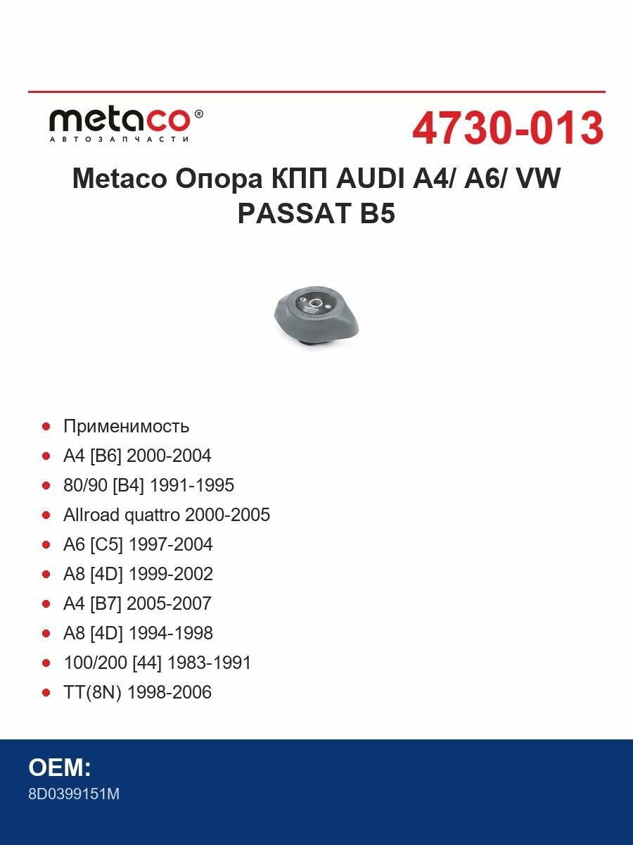 Metaco Опора КПП AUDI A4/ A6/ VW PASSAT B5