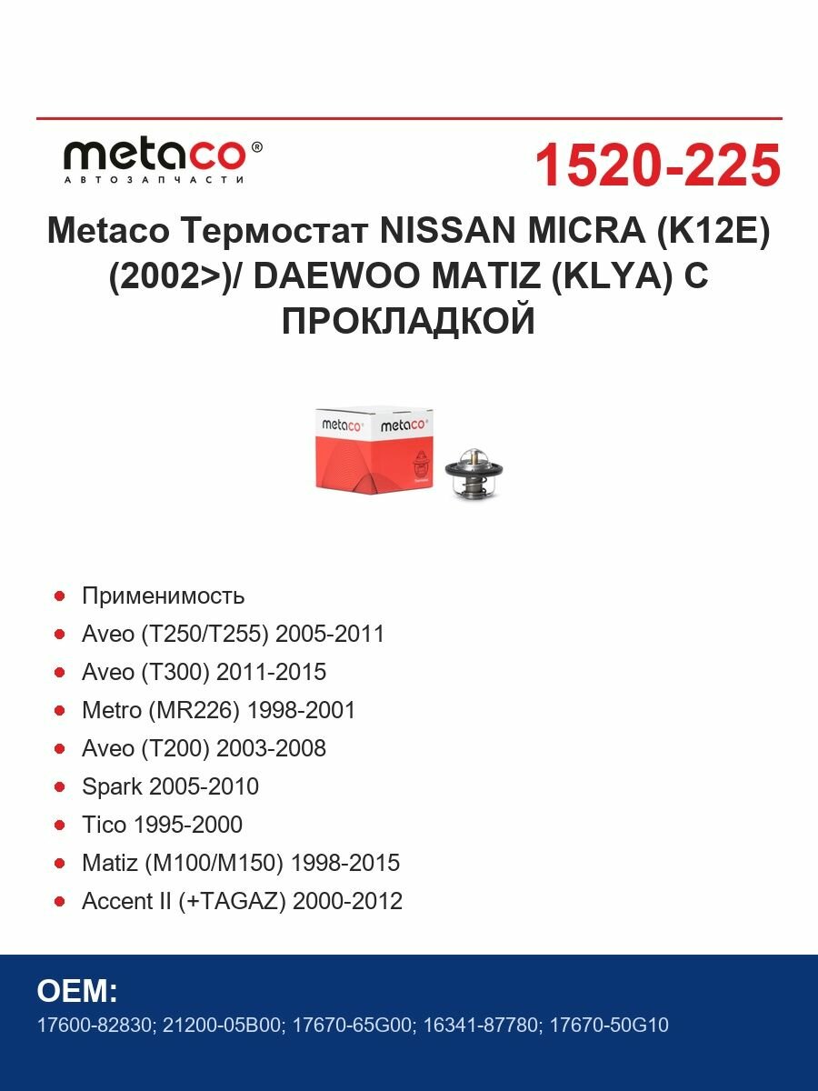 Metaco Термостат NISSAN MICRA (K12E) (2002>)/ DAEWOO MATIZ (KLYA) С прокладкой