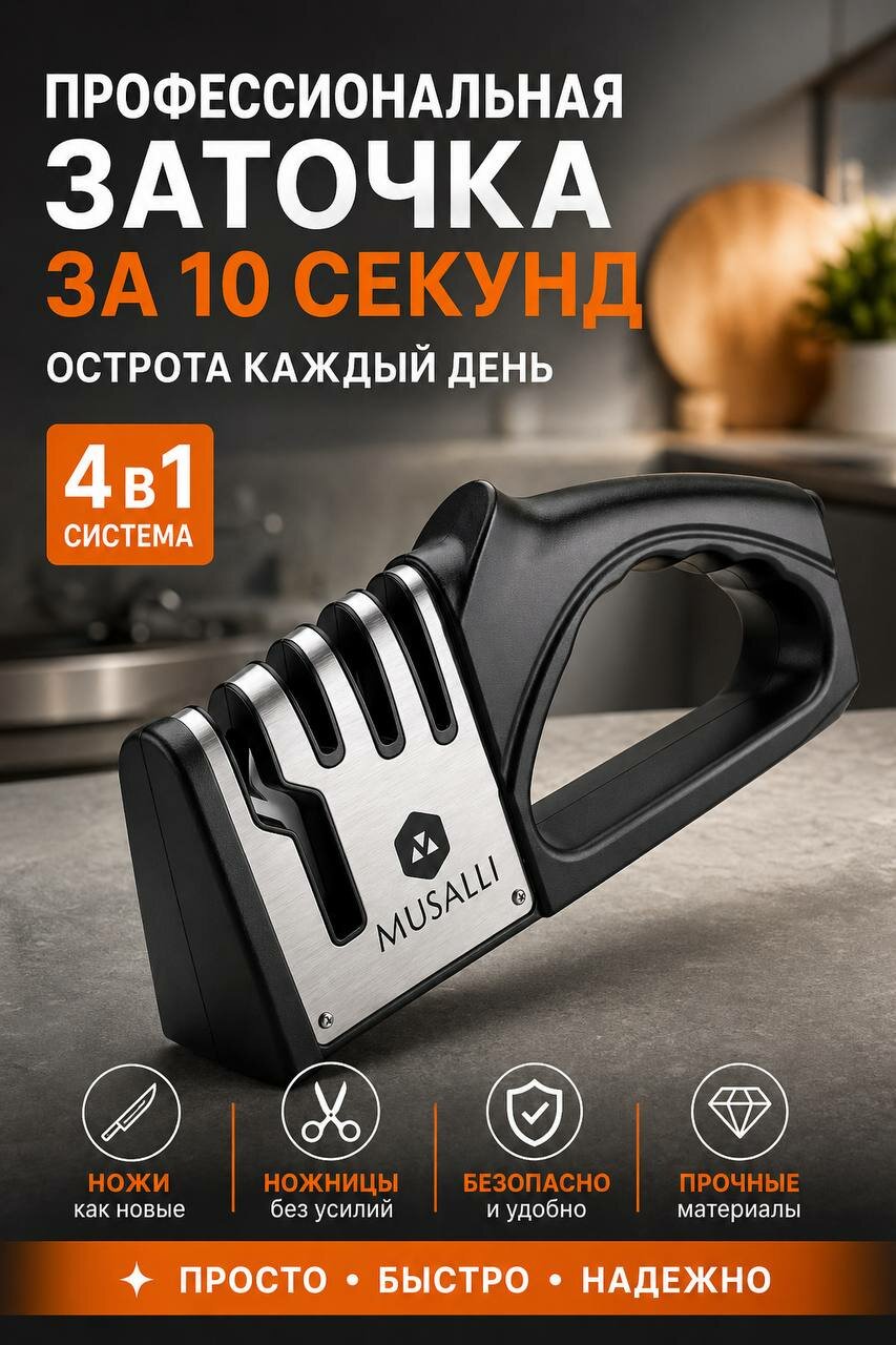 Точилка для ножей и ножниц ручная, заточка для ножей 4в1/ ножеточка механическая