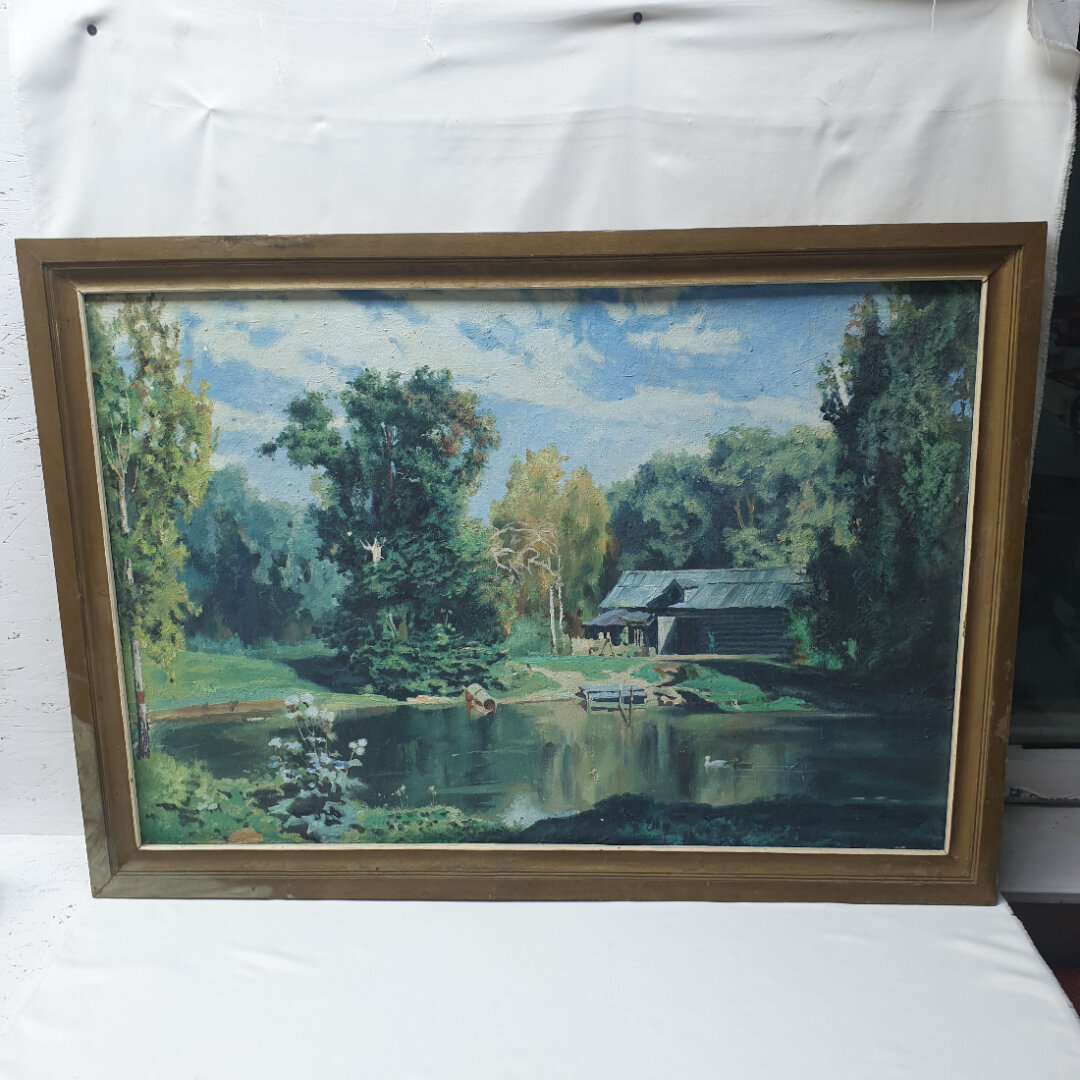 Винтажная картина "Домик у реки" 110х80 см, холст, масло