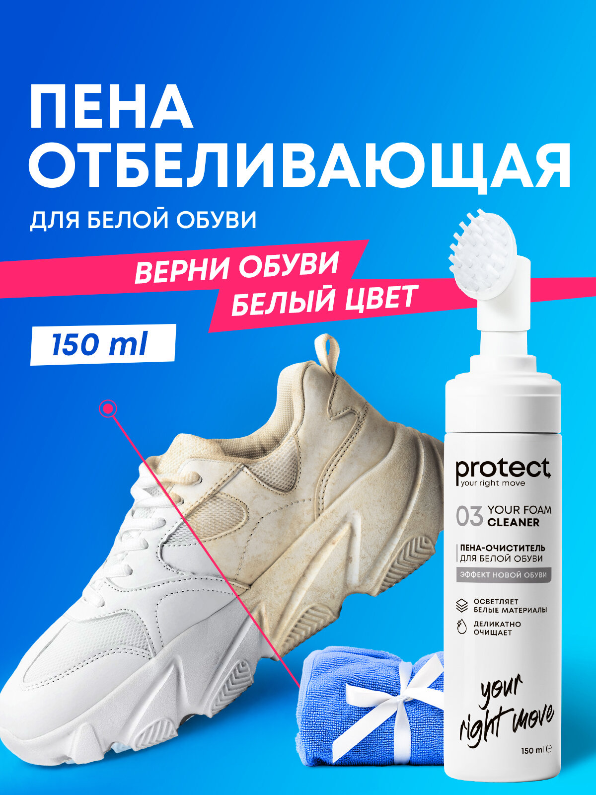Пена очиститель для белой обуви и кроссовок, чистящее средство для подошвы Protect RM 150 мл