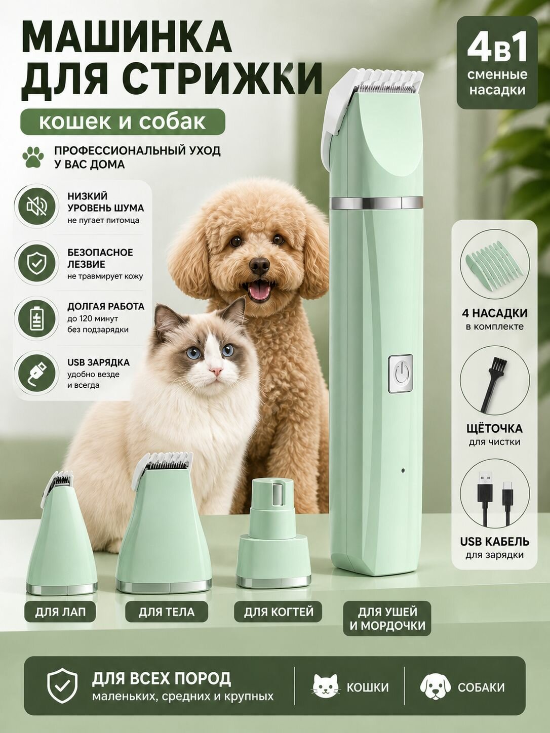 Машинка для стрижки животных, 4 в 1, изогнутый нож, шлифовка когтей, триммер для лап, беспроводная, для кошек и собак