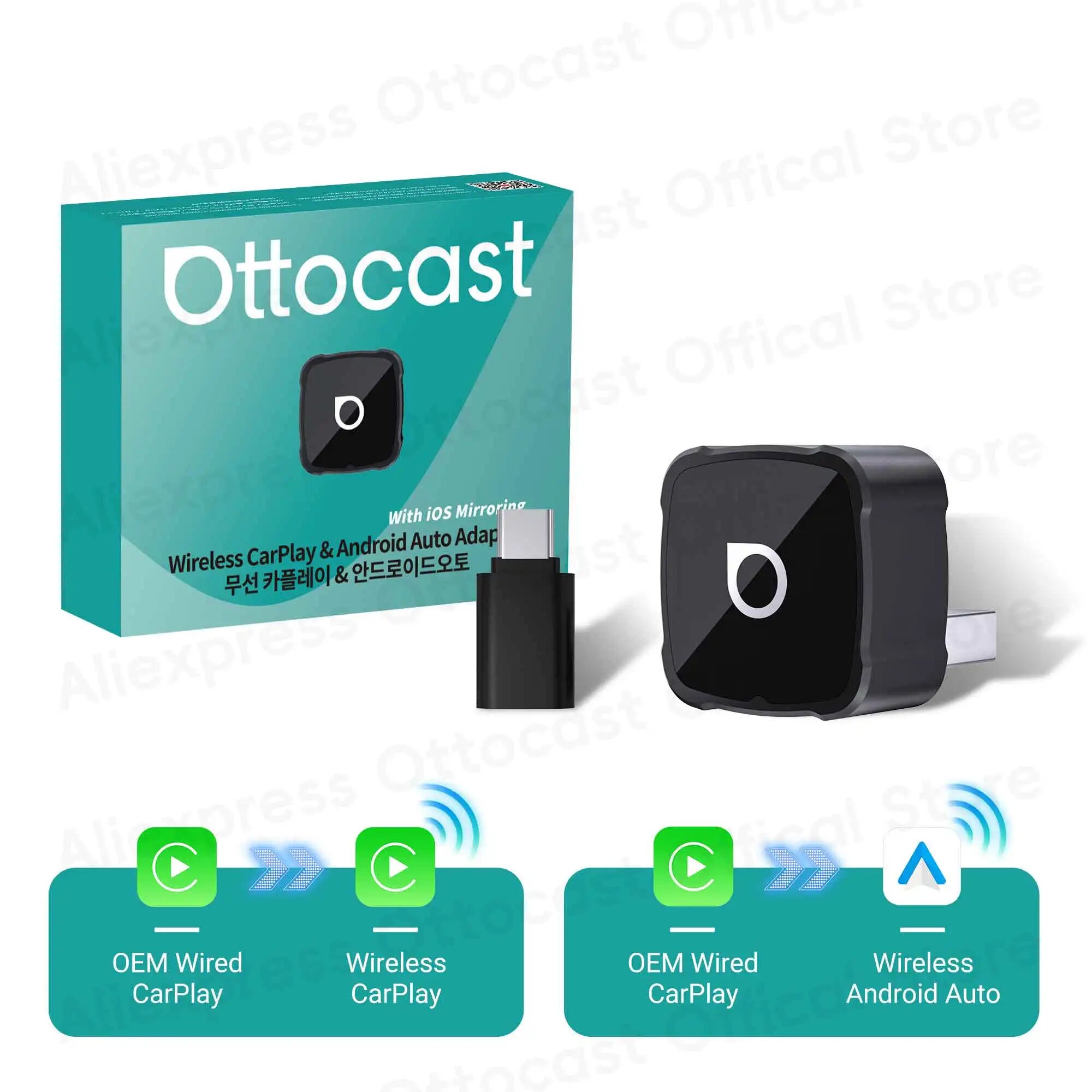 Ottocast Mini Air Cube, Wireless CarPlay/Android Auto, USB A to C, Черный
